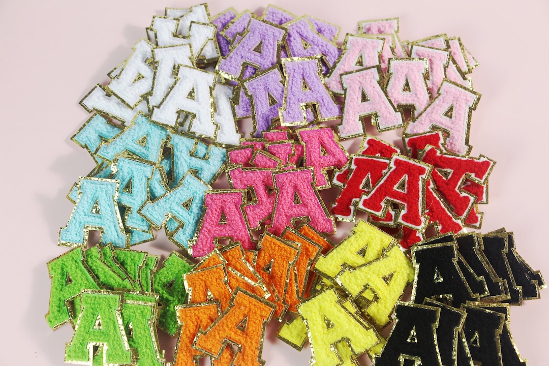 Glitter Chenille Letter Patch: 2.17" Gold Trim Embroidered Applique ...