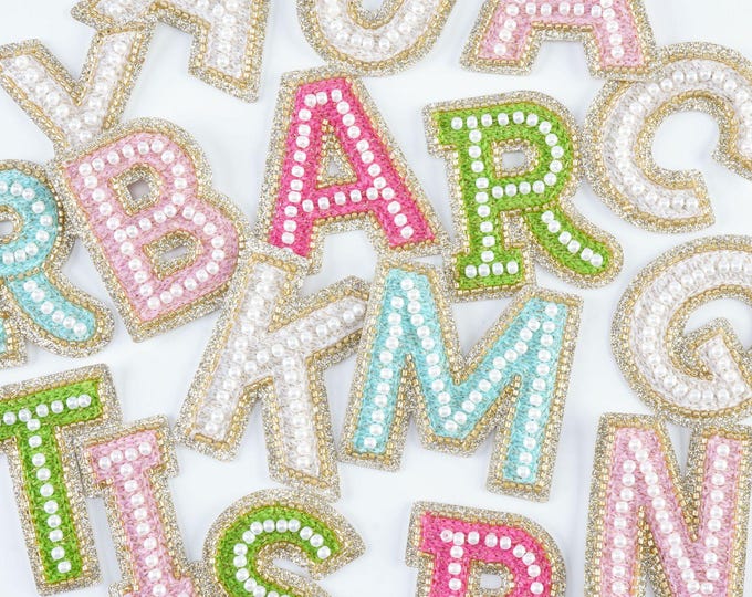 Macaron Candy Color Beaded Letter Iron on Patch Sew Alphabet A-Z Pearl ...