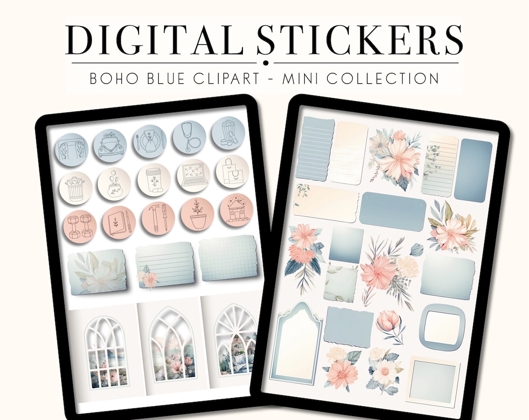 New Boho Blue: Digital Sticker Set & Clip Art Mini Collection, Enhance ...