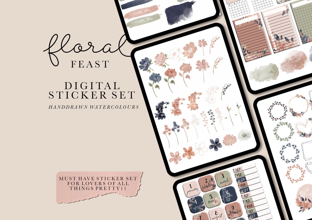 Watercolour Floral Digital Planner Stickers , Notability Stickers, Aesthetic Floral Digital ...