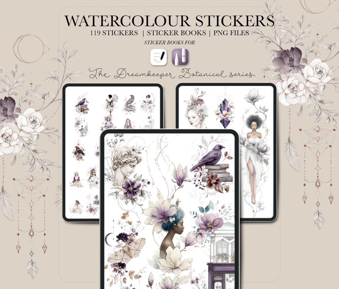 Watercolor Botanical Stickers for Goodnotes and Noteful, Dreamkeeper ...