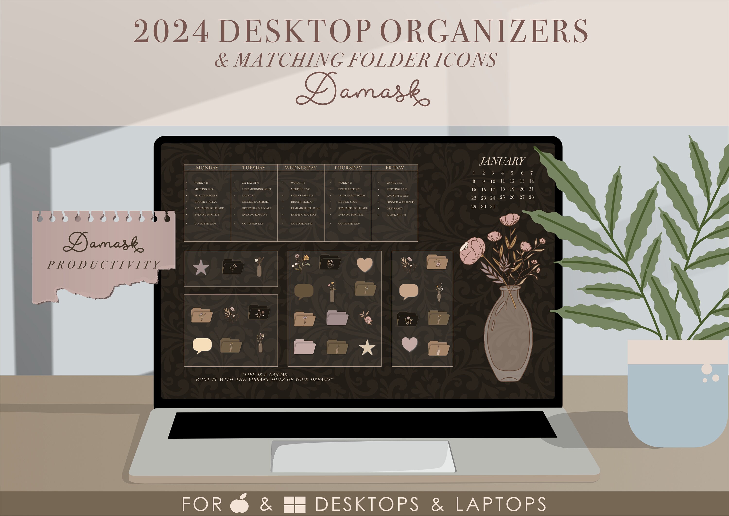 DESKTOP ORGANIZER WALLPAPER Set for Windows and Mac, With 2024 ...