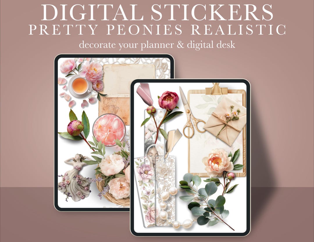 Noteful Peonies Realistic Stickers, Spring Mood Board Planner Stickers ...