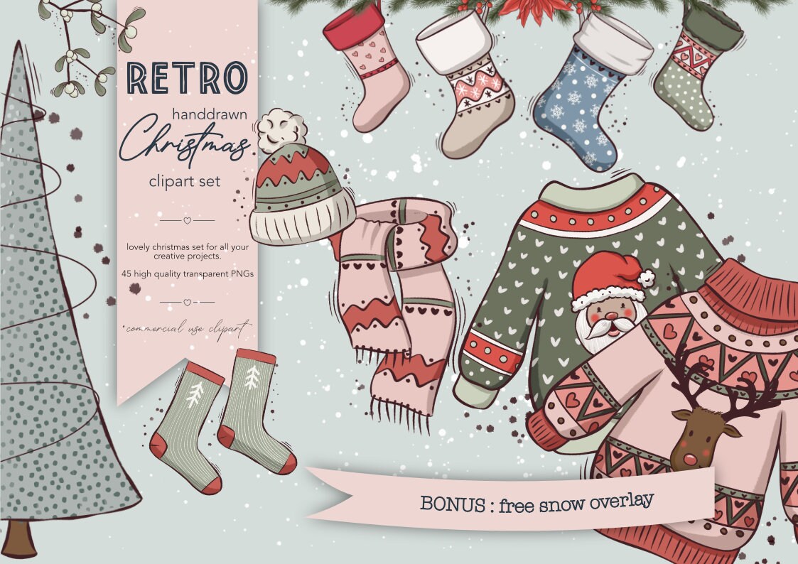 Retro Christmas Clipart Bundle, Digital Download, Printable Christmas ...