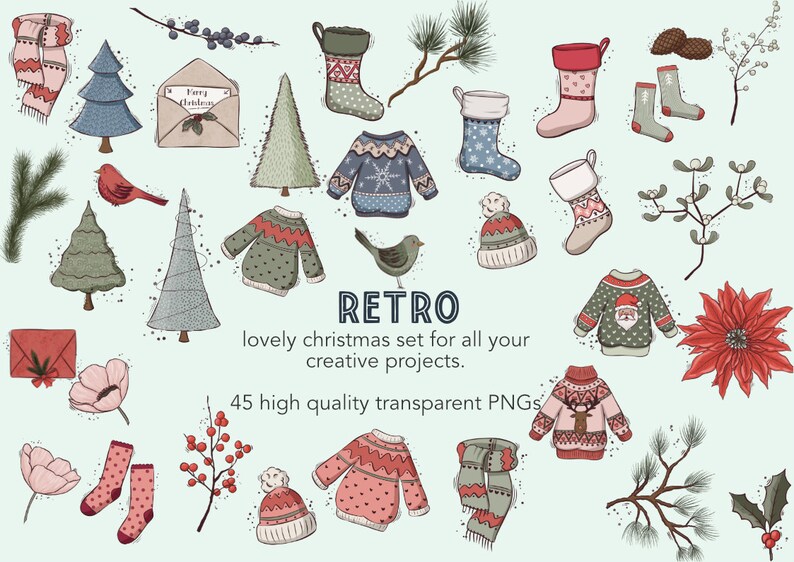 Retro Christmas Clipart Bundle, Digital Download, Printable Christmas ...