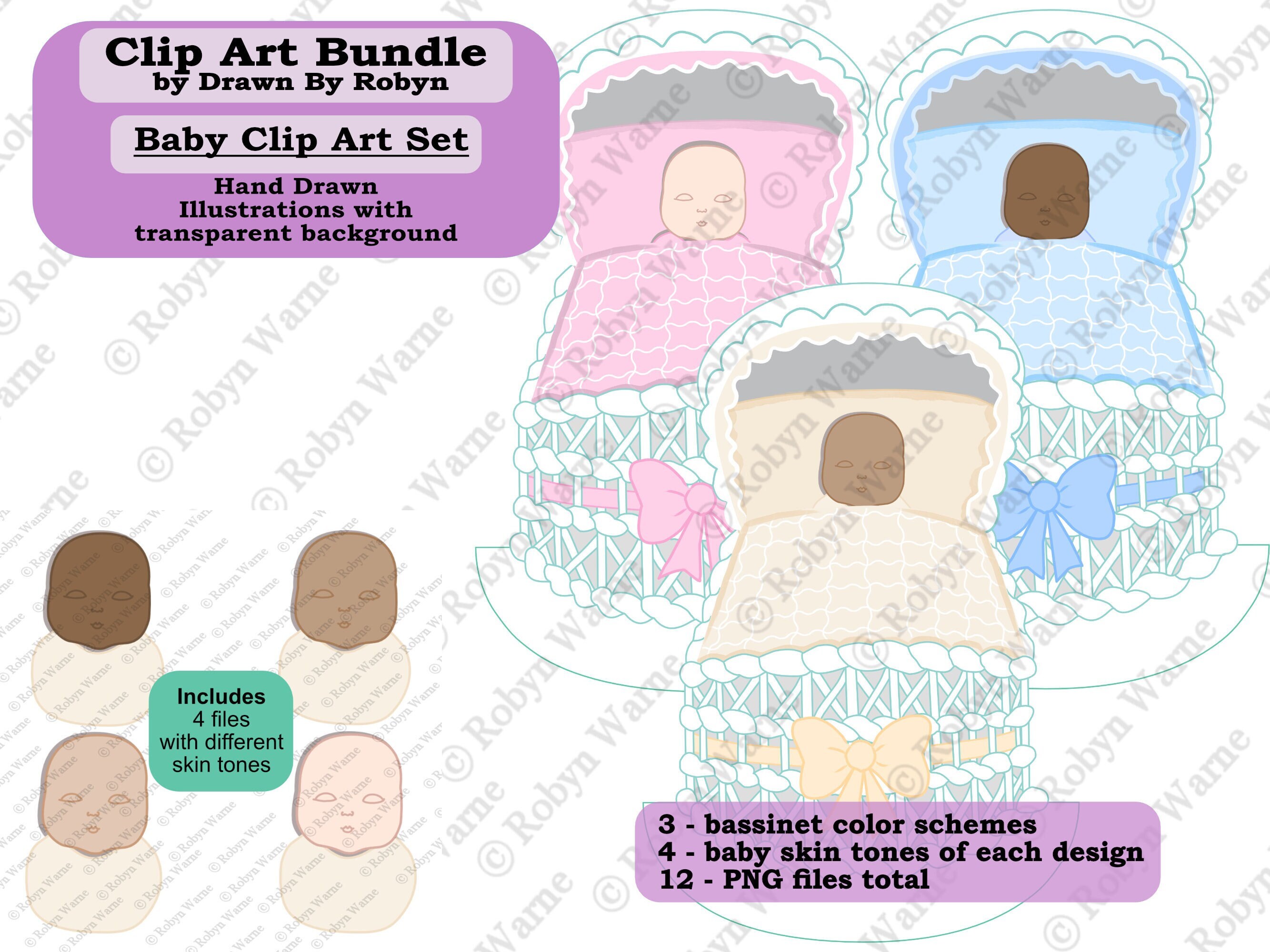 Baby Bassinet Clip Art Bundle: Hand Drawn PNG Designs (digital Download ...