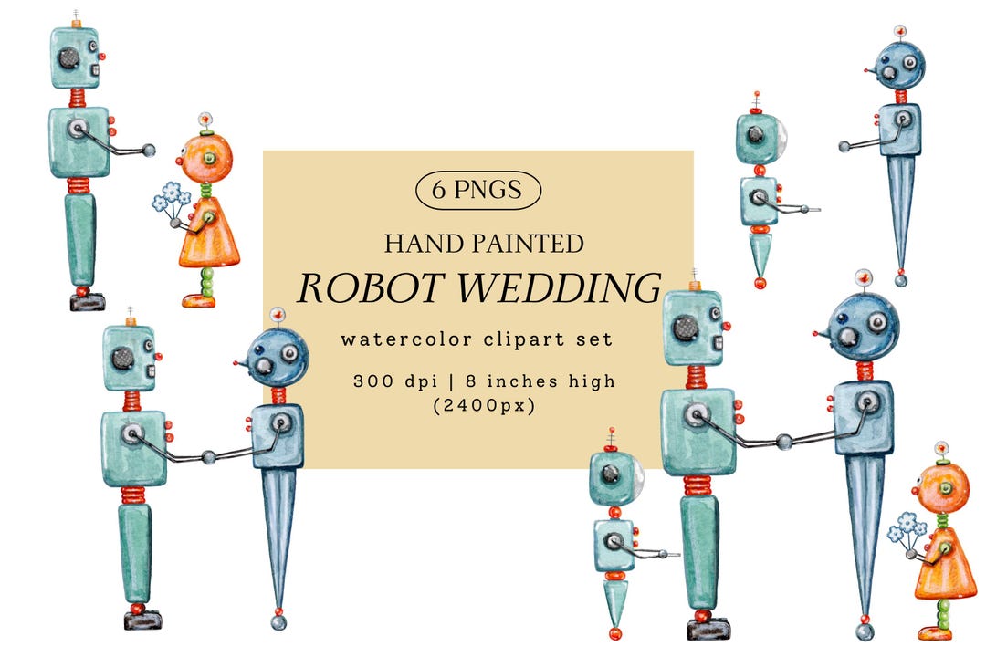 Robot Wedding Clip Art PNG – Watercolor Sci-fi Bride & Groom Digital ...