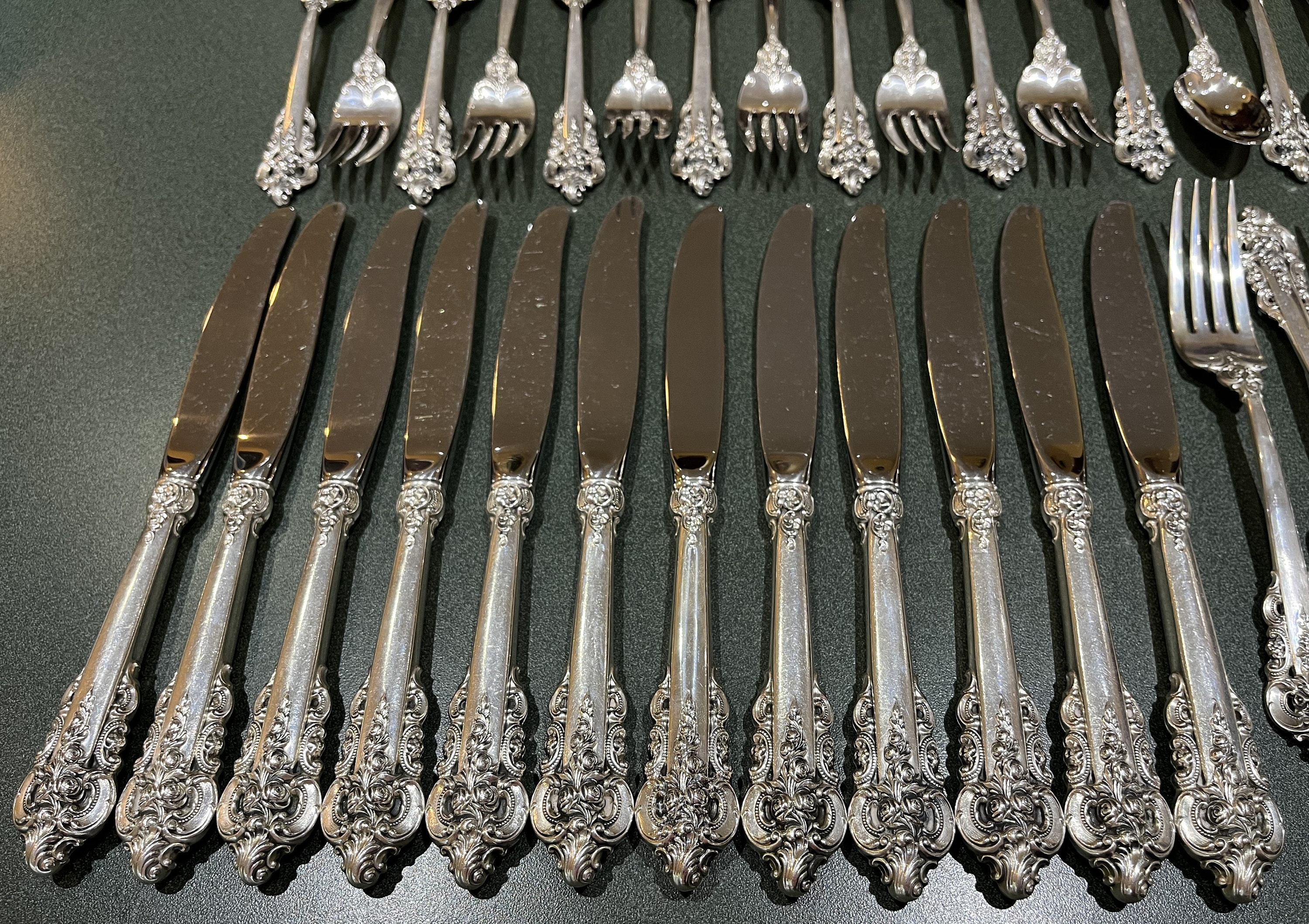 Wallace Grande Baroque Sterling Silver Flatware, 57 Pieces, 12 Place ...