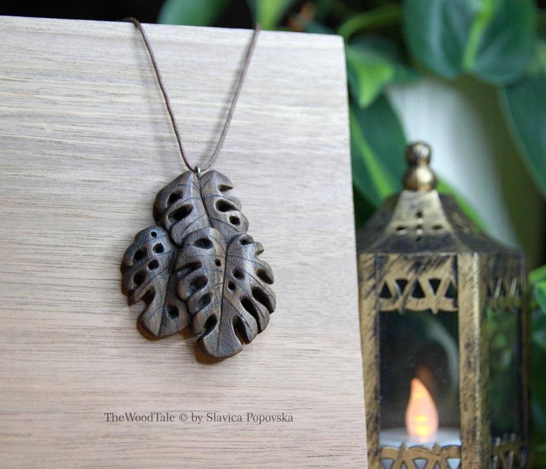 Monstera Leaf Necklace, Tropical Leaf Pendant, Wooden Pendant, Wood ...
