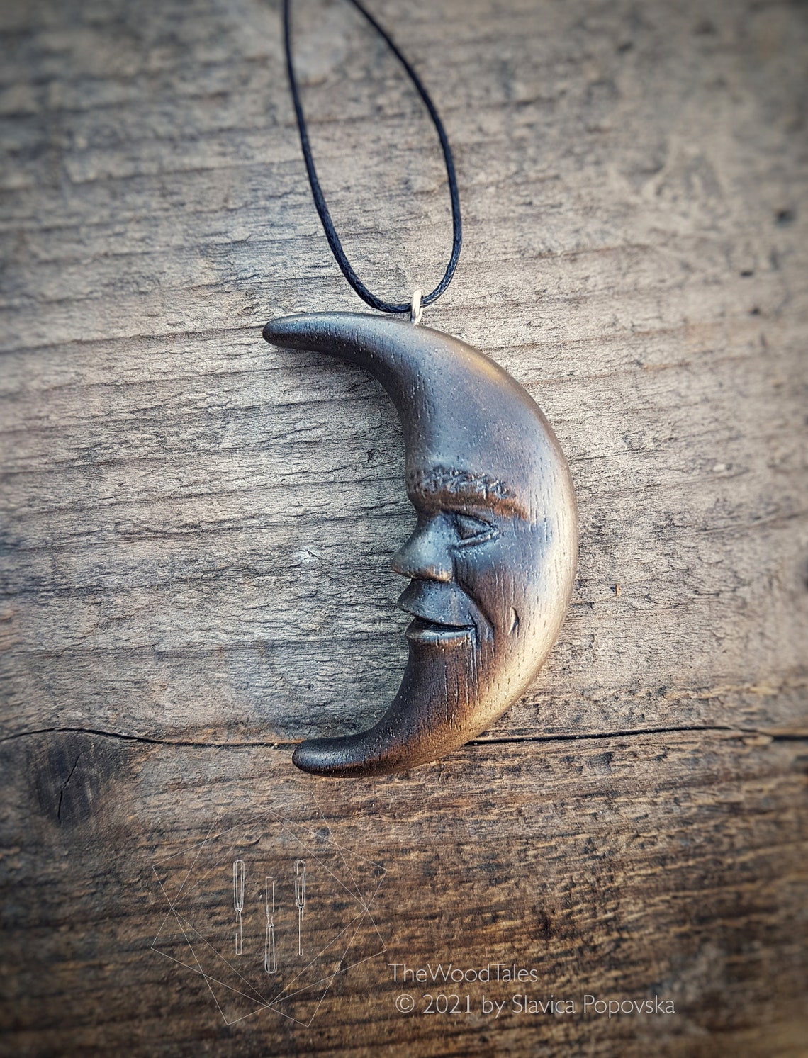 Hand Carved Crescent Moon Face Moon Shape Pendant Wooden | Etsy