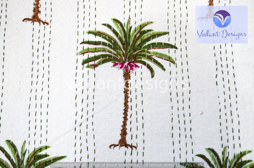 Indian Beautiful Handmade Palm Tree Print Queen Kantha Quilt | Etsy
