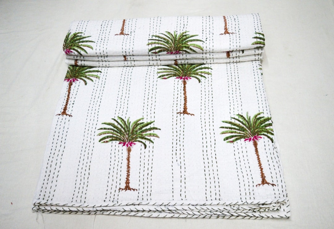 Indian Beautiful Palm Tree Design Kantha Quilt Indian King Size Quilt ...