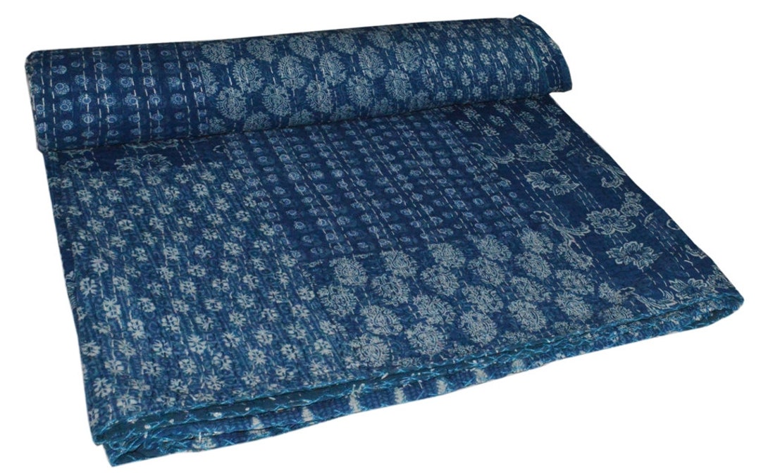Indian Indigo Blue Patchwork Cotton Kantha Throw Blanket Bedspread ...