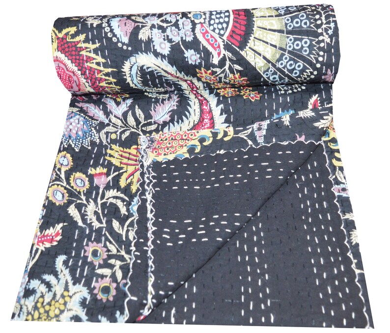Indian Floral Kantha Quilt Black Mukat Print Throw Reversible - Etsy