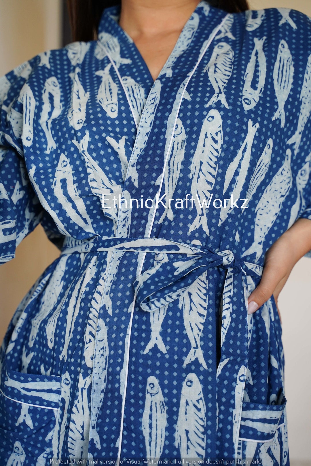 Bath Robe,100% Cotton Indian Kantha Stitch Fish Print Robe,cotton ...