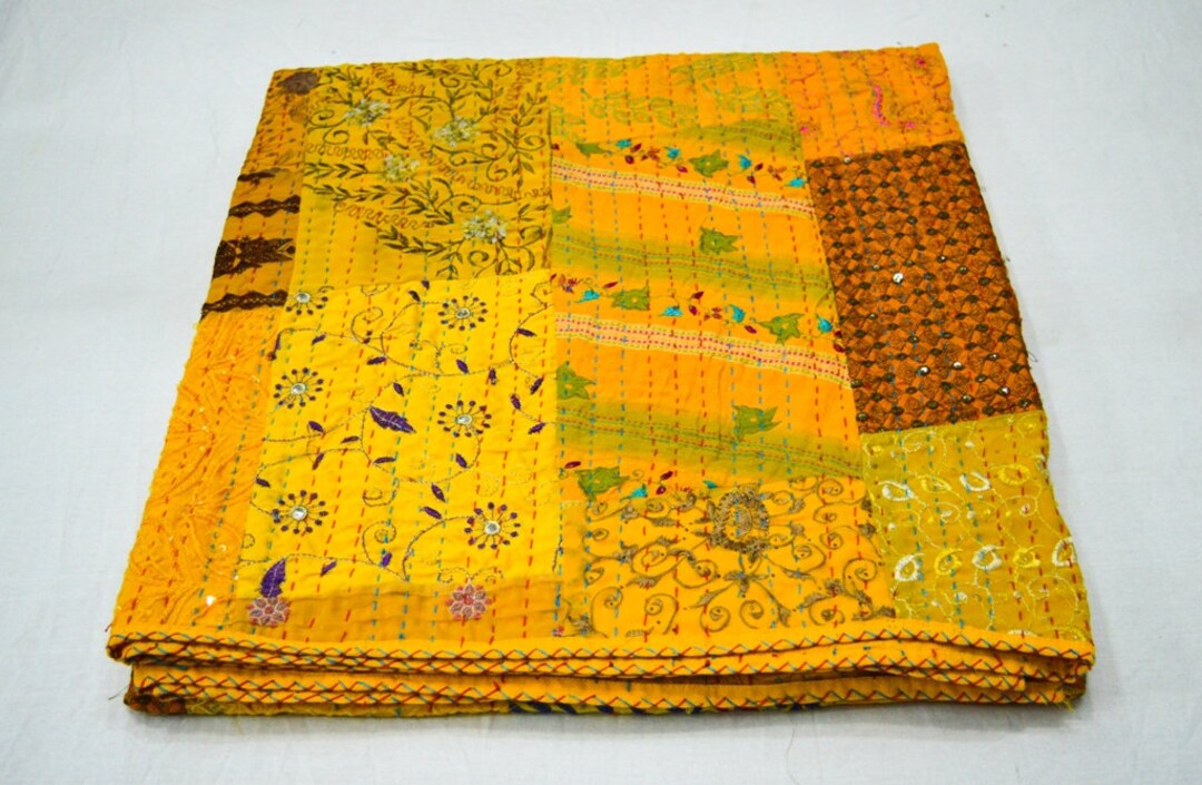 Cotton Patchwork Kantha Quilt Colorful Indian Hand Block Print Sari ...