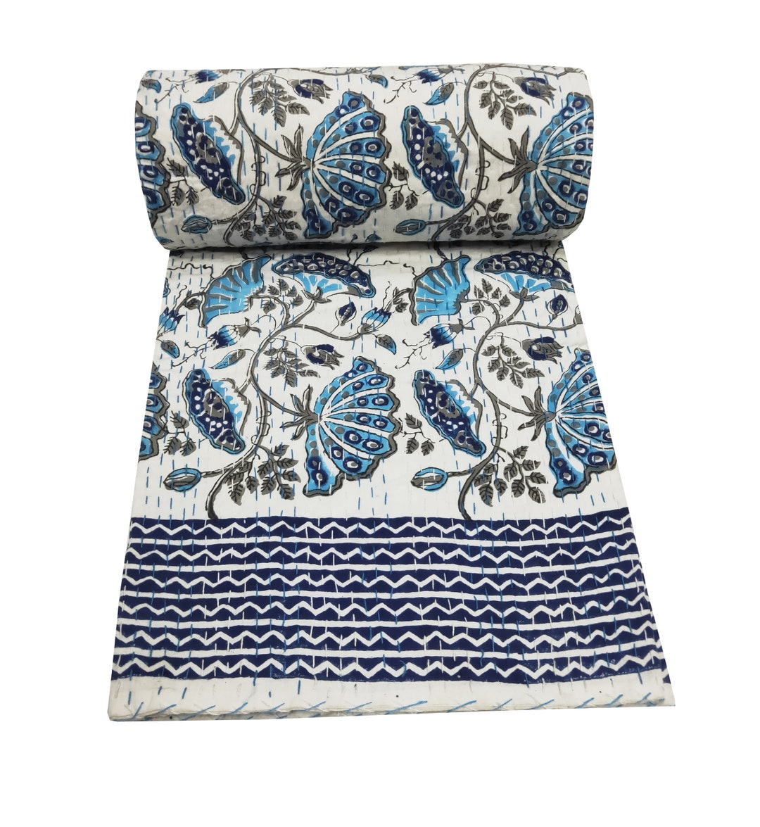 Hand Block Print Kantha Bedspread Indian Cotton Kantha Quilt Queen ...