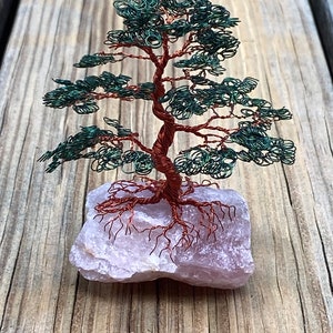 Copper Wire Tree of Life Bonsai Sculpture on Raw Rose Quartz Gemstone Base. Wire Bonsai Tree ...