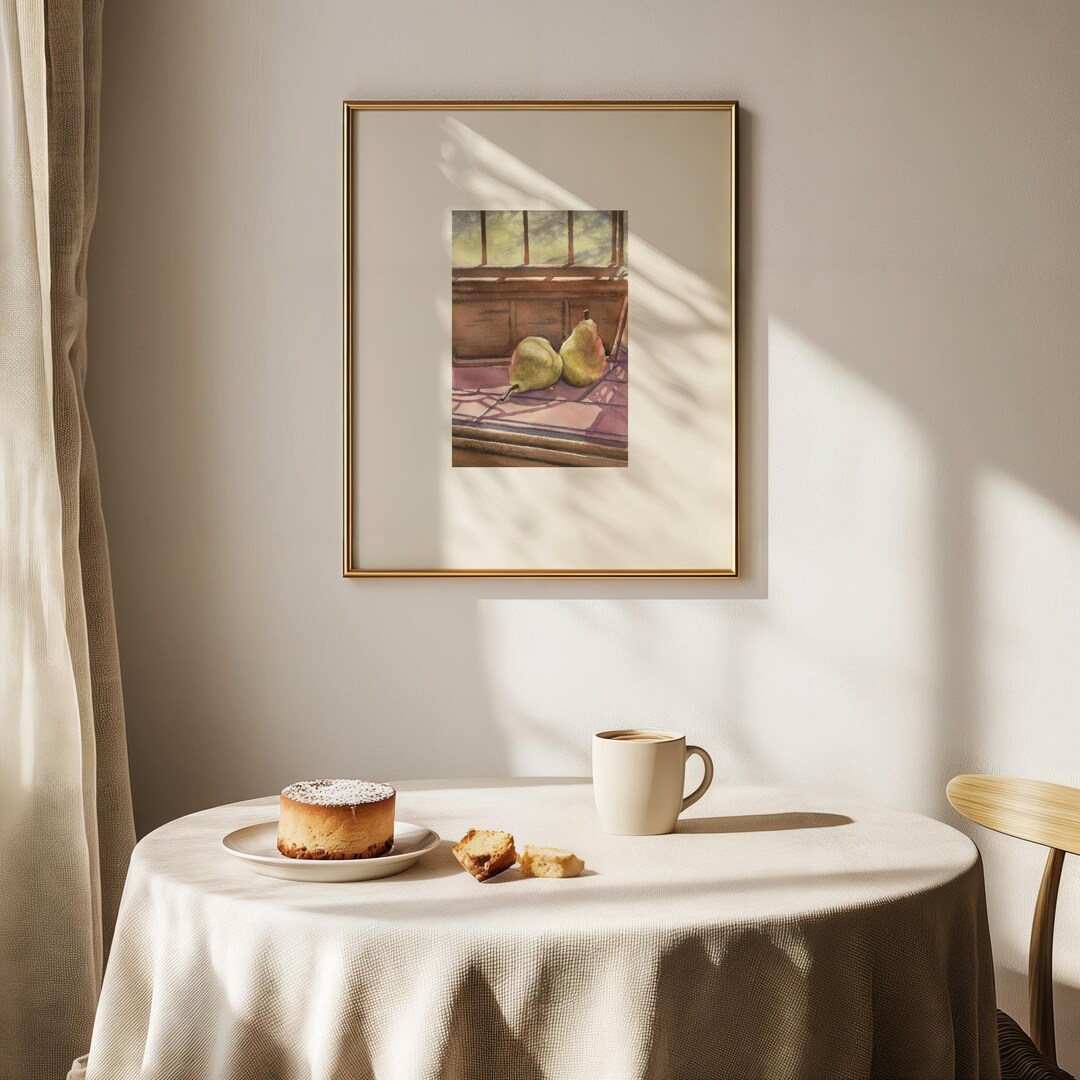 Sunlit Pears Watercolor Print - Still Life Fruit Art, Kitchen Wall Decor, Yellow Green Pear ...