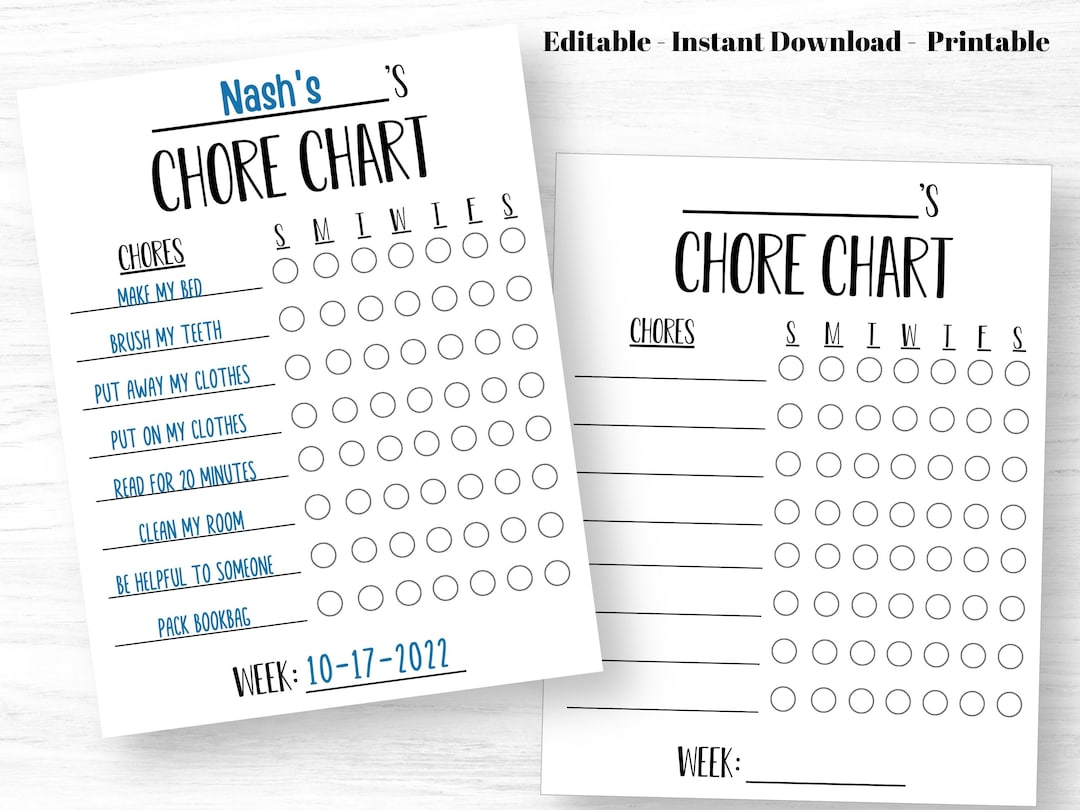 Printable Weekly Chore Chart for Kids-editable Daily Responsibility ...