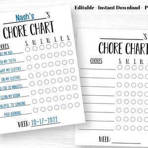 Printable Weekly Chore Chart for Kids-editable Daily Responsibility ...