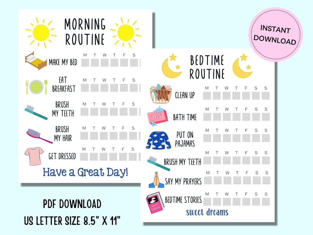 Printable Morning and Bedtime Checklist for Kids- Daily Routine Chart ...