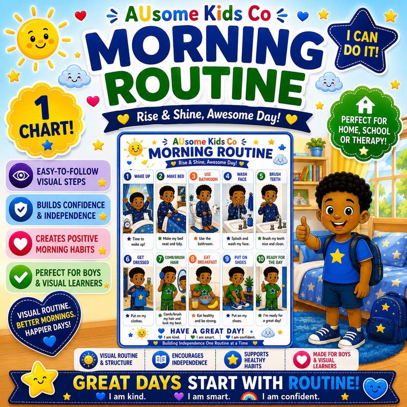 Boy Morning Routine Chart | Visual Schedule, Autism Support (digital ...