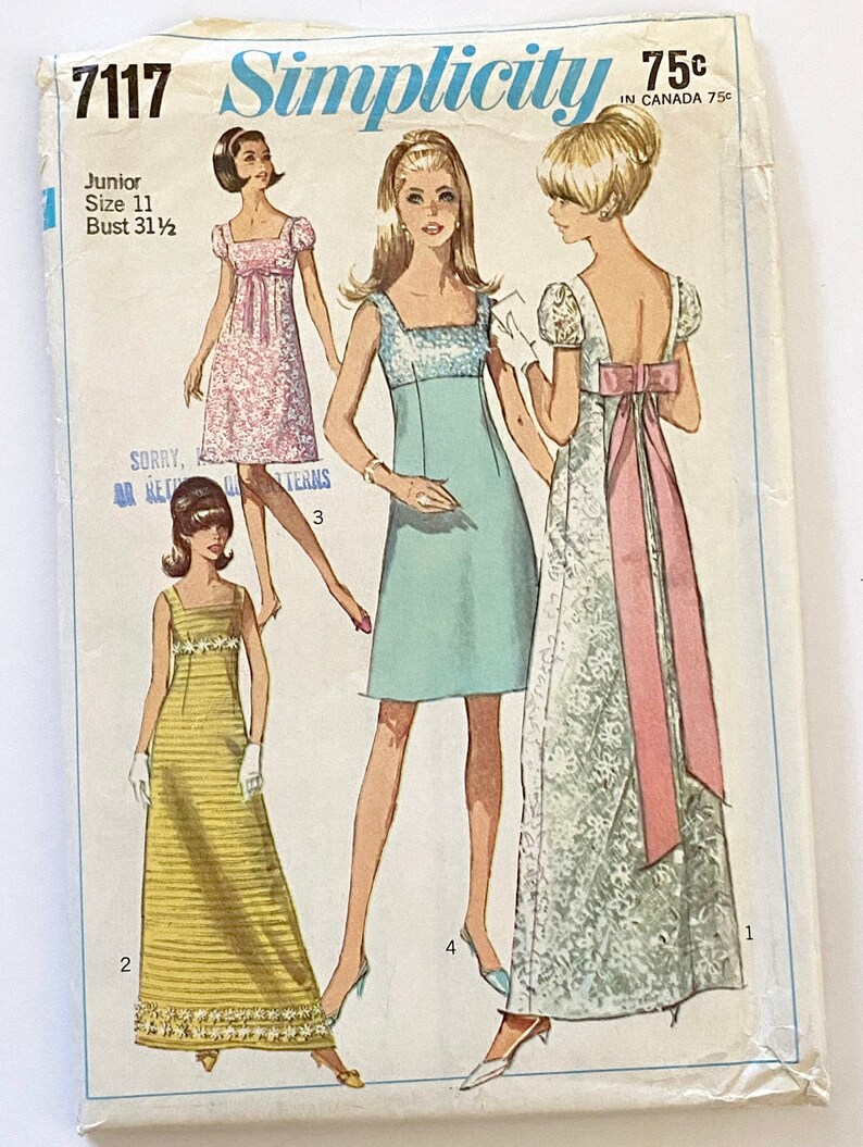1960s VINTAGE SIMPLICITY PATTERN 7117 Mod Evening Dress Gown Junior ...