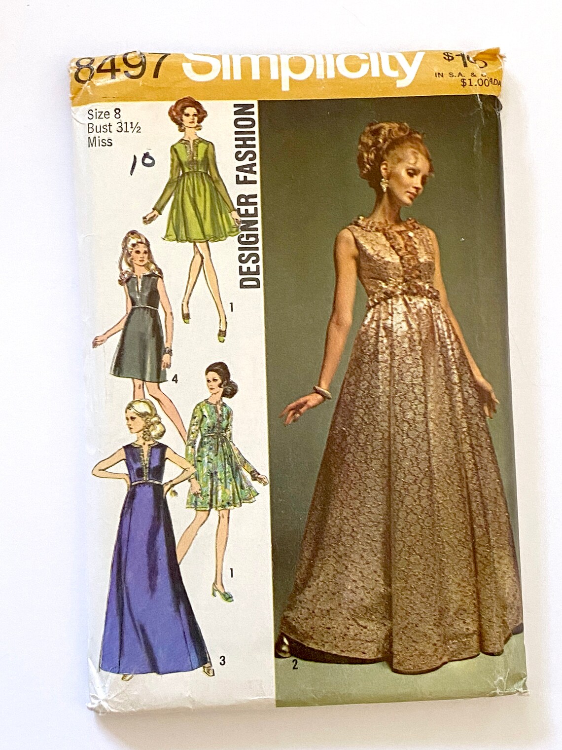 1960s VINTAGE SIMPLICITY PATTERN 8497 Mod Evening Dress Gown Miss Size ...
