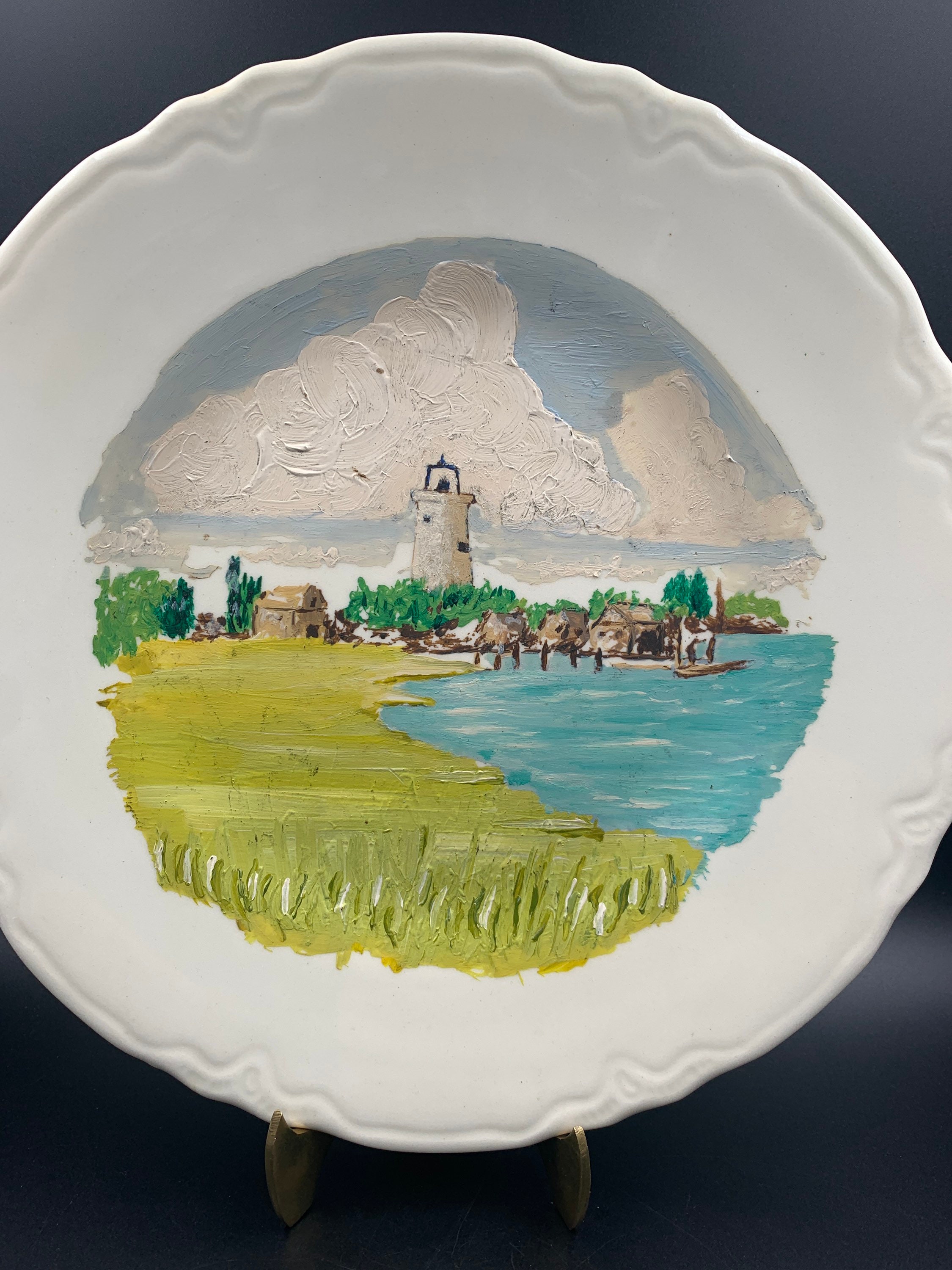 Vintage Hand painted Plate with lighthouse and seaside village | Etsy