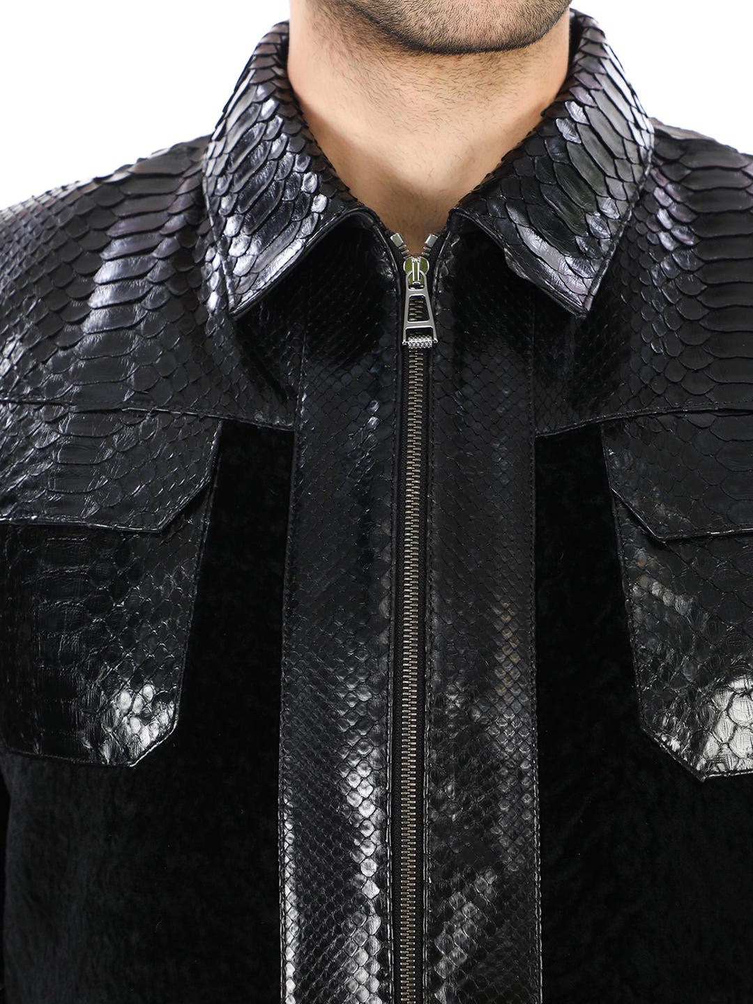Genuine Python Skin Men's Coat With Spanish Shearling Sheepskin, Black ...