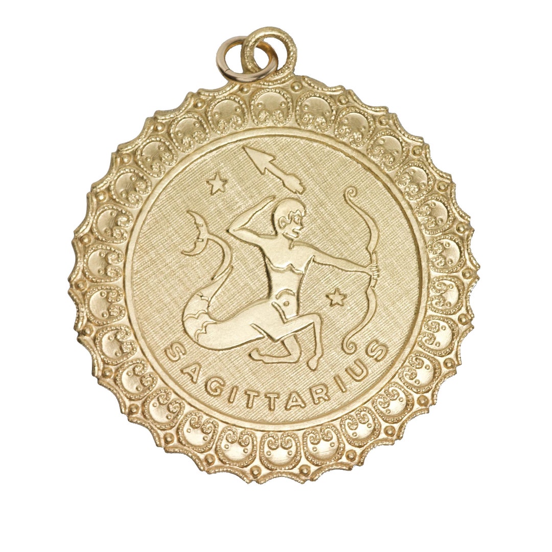 Large Vintage Zodiac Sign Disc Necklace, Cool Boho Sagittarius ...