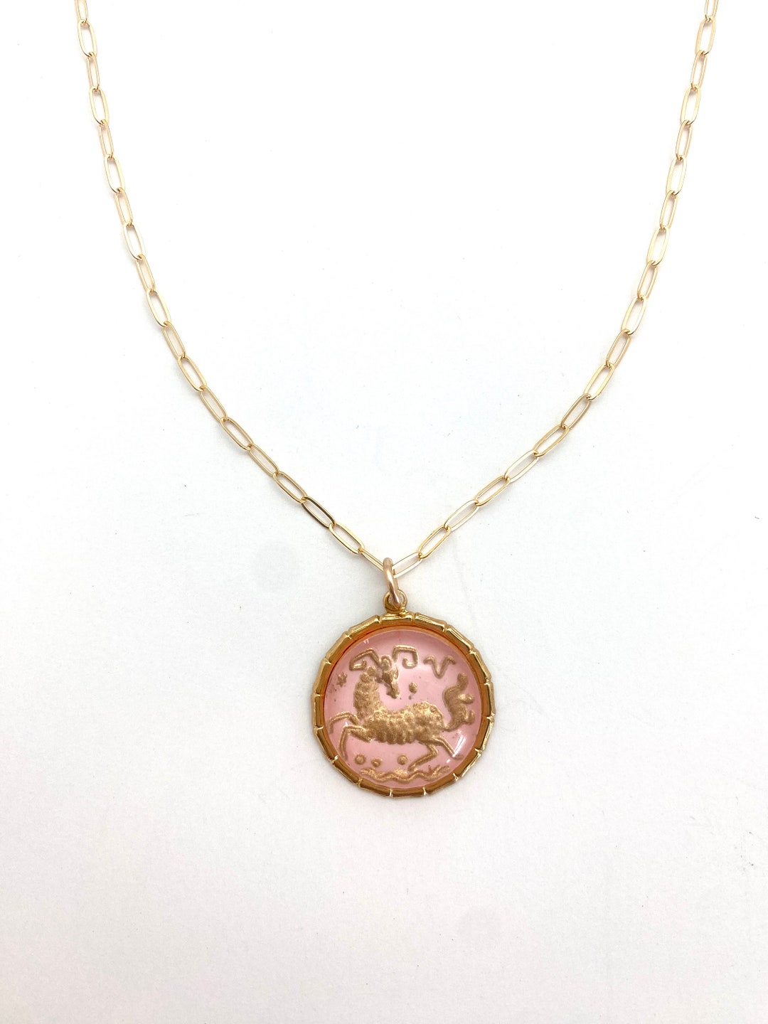 Pink Vintage Aries Charm Boho Horoscope Glass Astrological Charm Gold ...