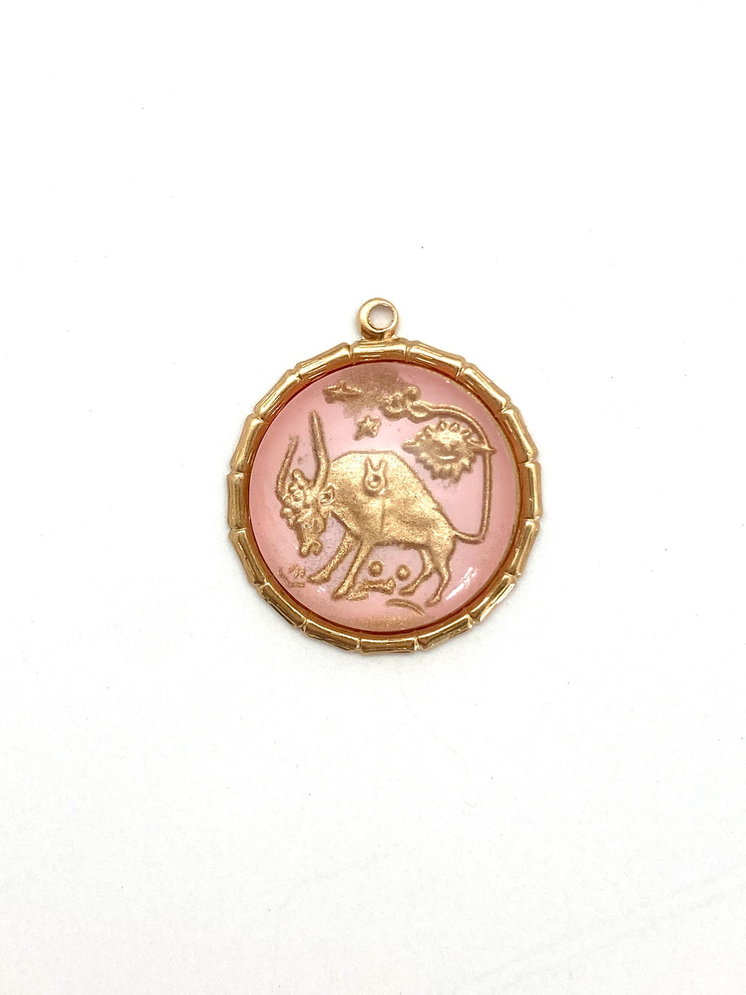 Pink Vintage Taurus Charm Boho Horoscope Glass Astrological Charm Gold ...