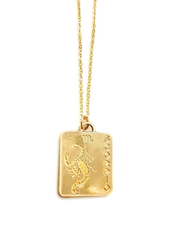 Rare Vintage Scorpio rectangular brass zodiac necklac… - Gem