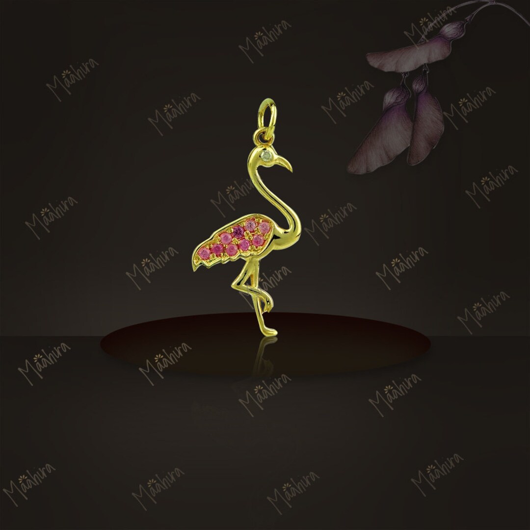 14k Yellow Gold Diamond Pink Sapphire Flamingo Bird Charm, Flamingo ...