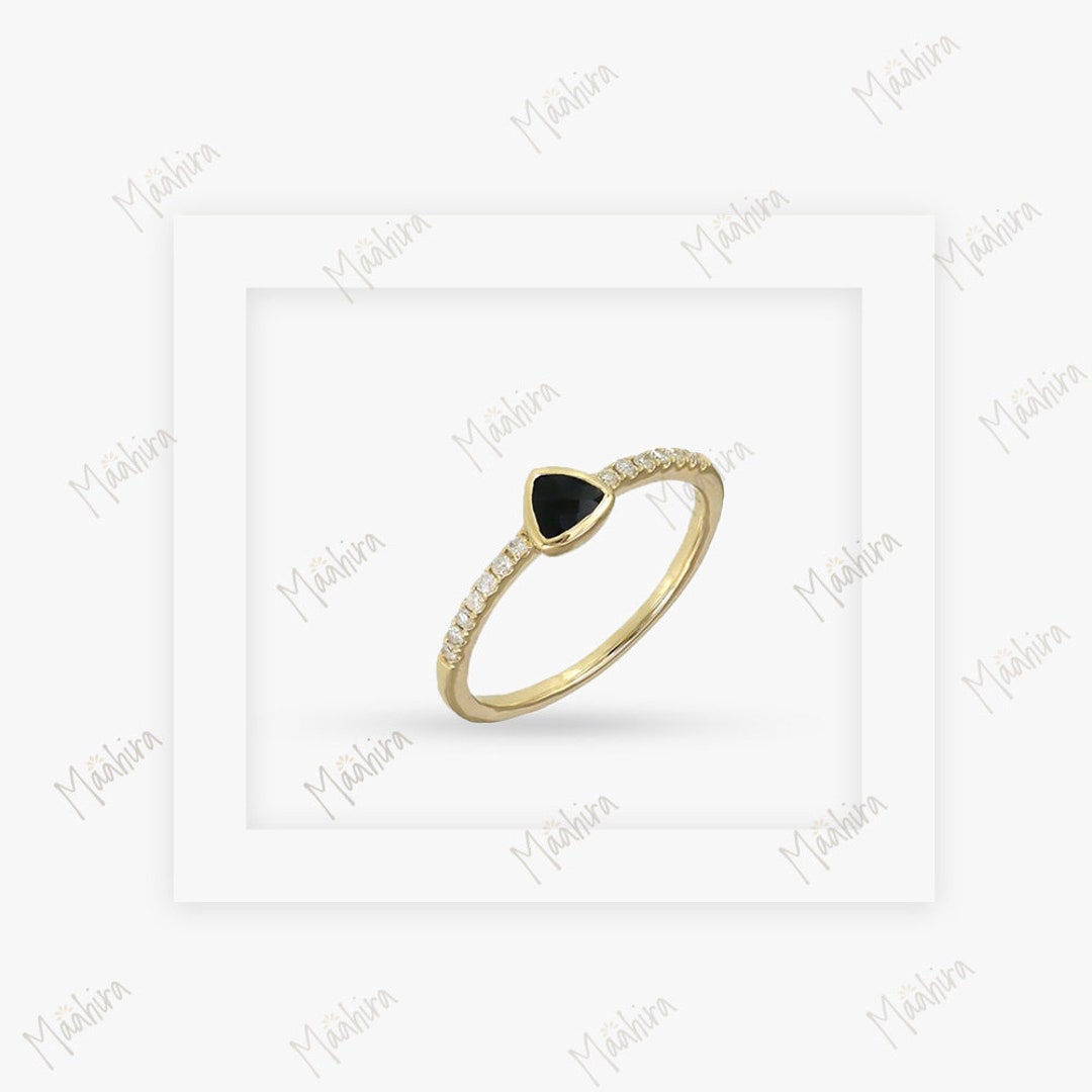 14k Yellow Gold Diamond Black Onyx Triangle Ring Size 7, Minimalist ...