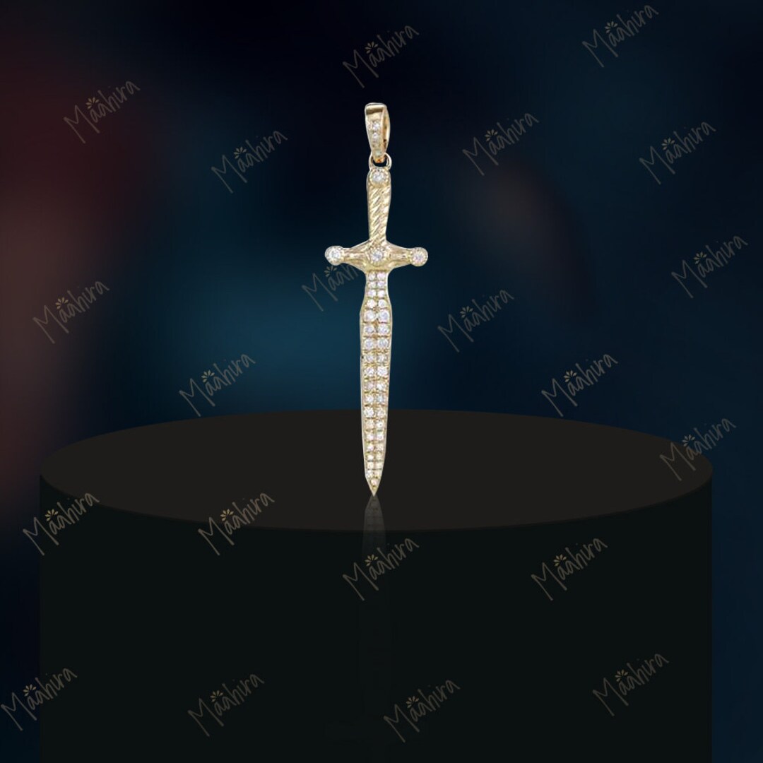 14k Yellow Gold Diamond Sword Pendant 12x37mm, Dainty Bold Gift for Her ...