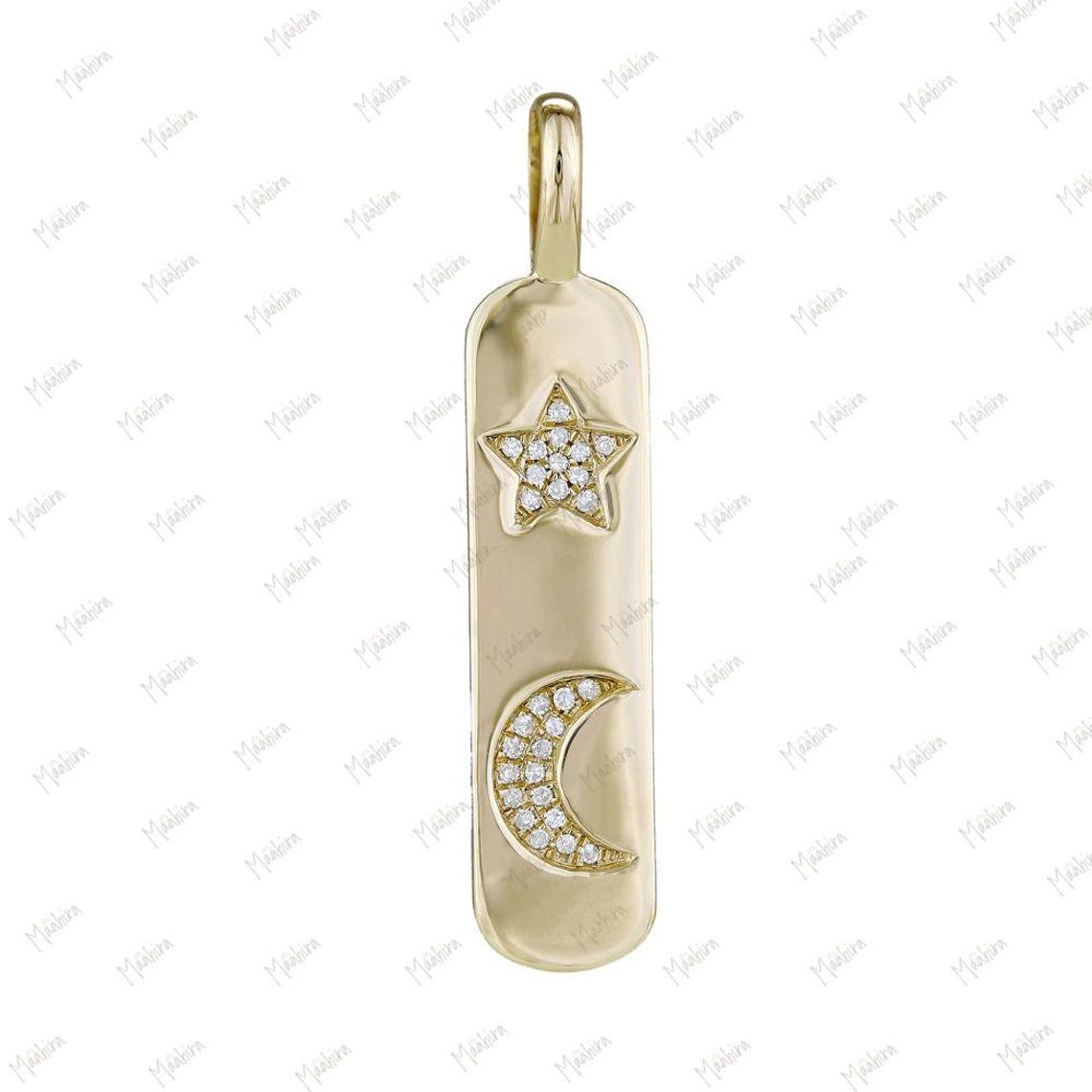 14k Yellow Gold Diamond Star Moon Dog Tag Pendant 7x35mm, Dog Tag ...