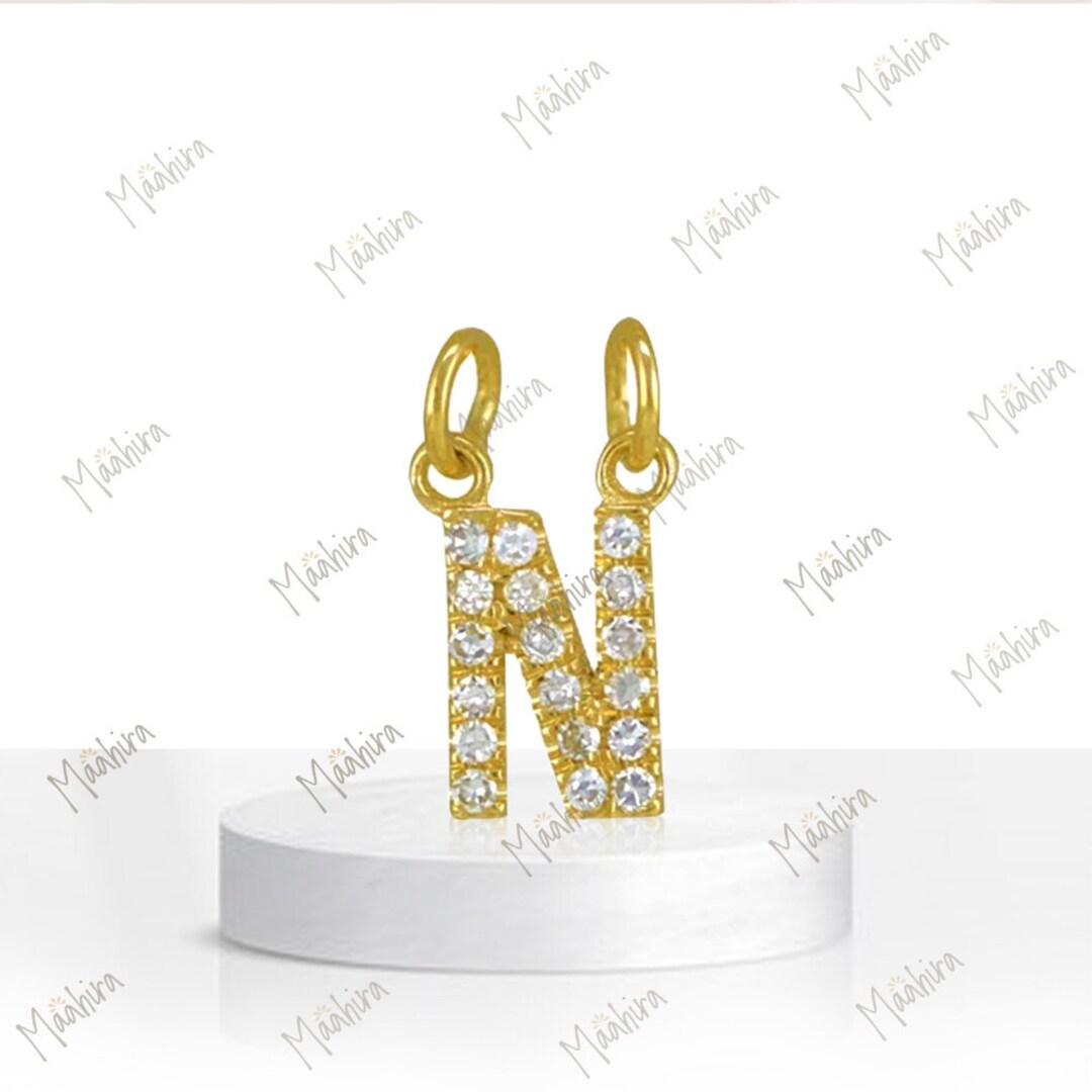 14k Gold Diamond Letter N Charm: Dainty Initial Pendant (4.30x6.50mm ...