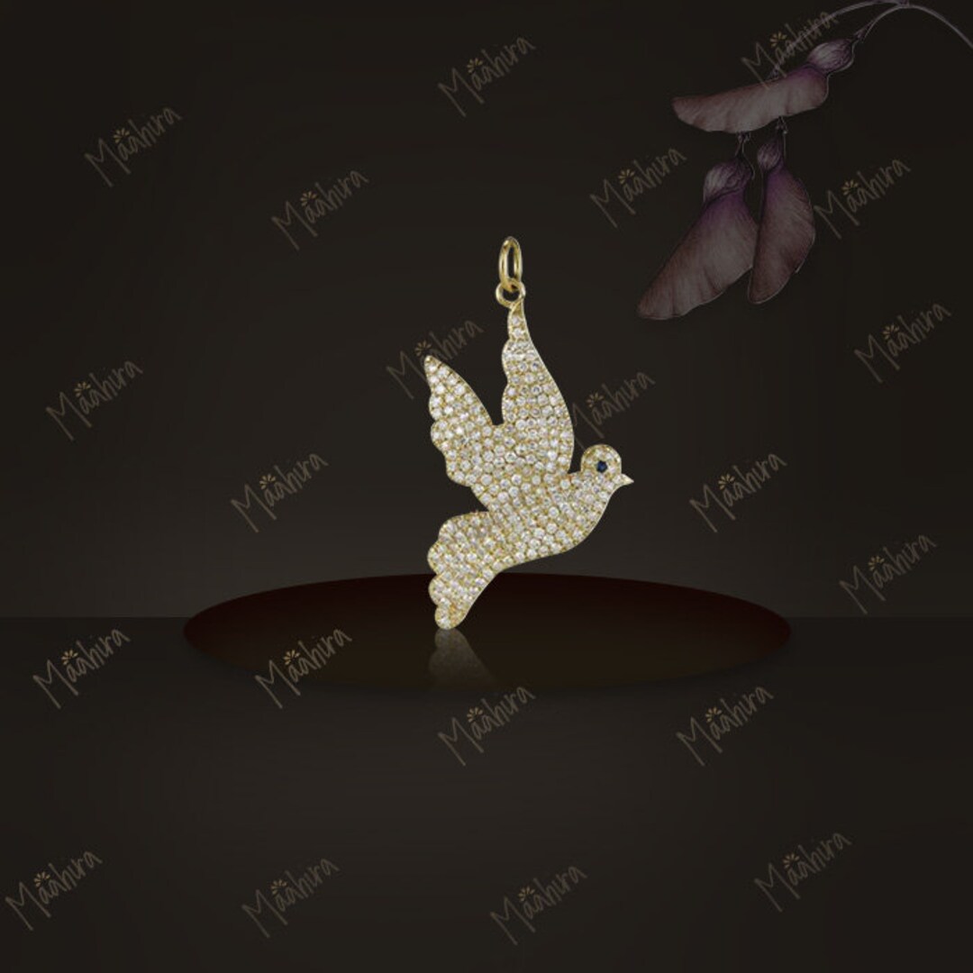14k Yellow Gold Diamond Pigeon Charm Pendant, Diamond Pigeon Bird ...