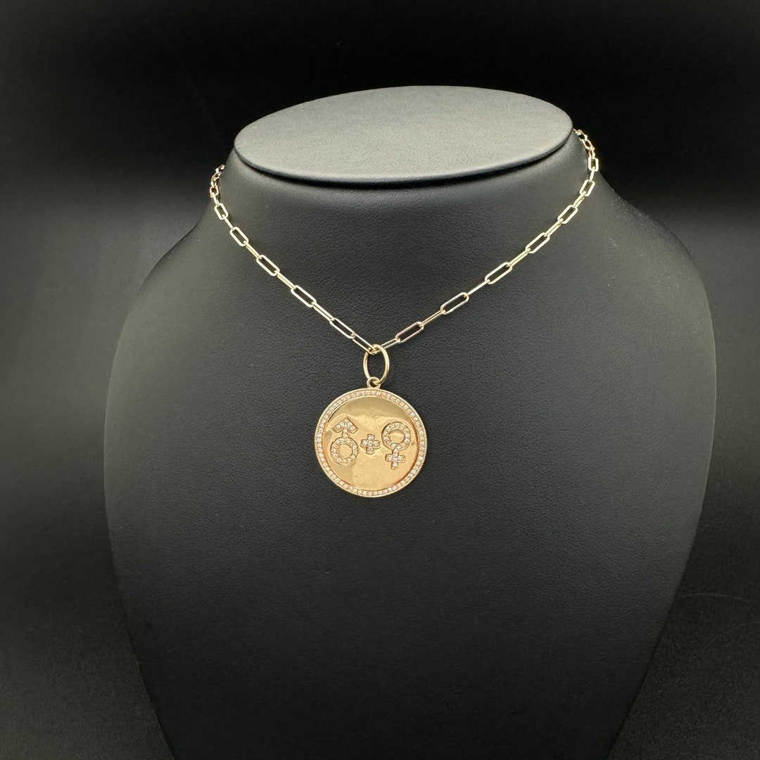 14k Yellow Gold Diamond Male Female Symbol Pendant 22mm, Minimal Charm ...