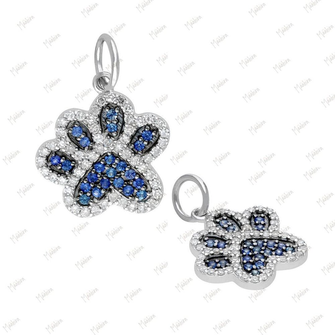 14k White Gold Diamond Blue Sapphire Dog Paw Charm - Etsy