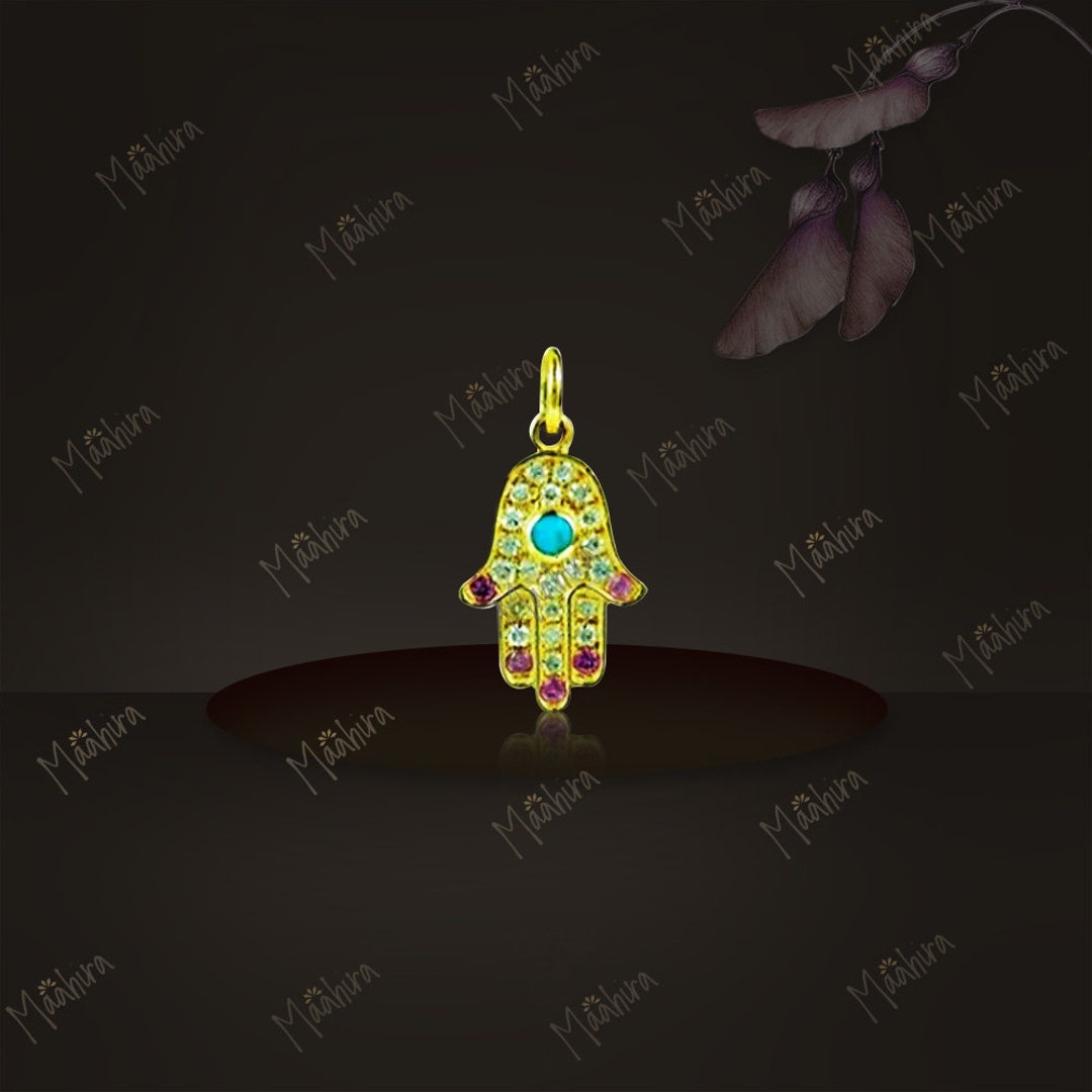 14k Yellow Gold Diamond Mini Pink Sapphire and Turquoise Hamsa Charm ...