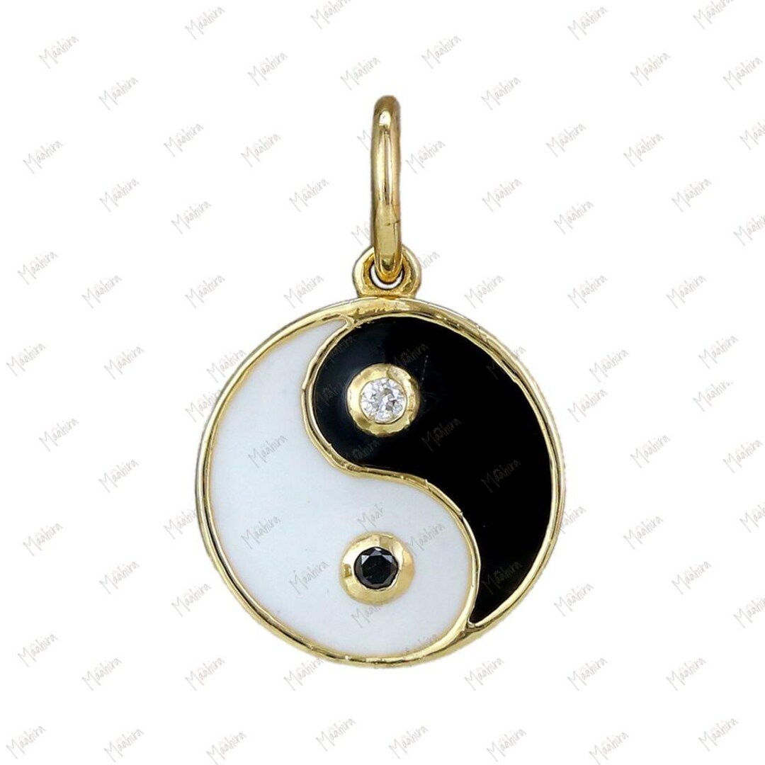 14k Yellow Gold Diamond Black and White Enamel Ying Yang Pendant 12mm ...