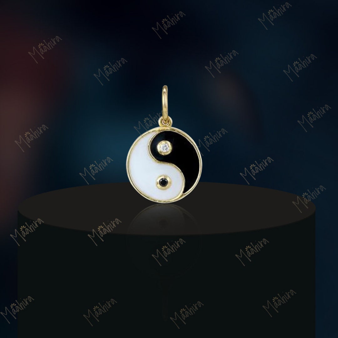 14k Yellow Gold Diamond Black and White Enamel Ying Yang Pendant 12mm ...