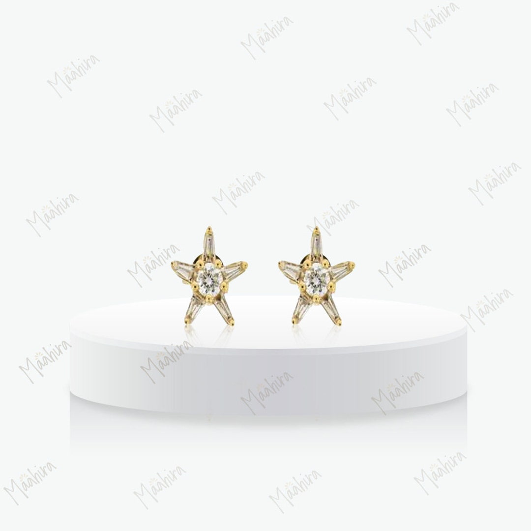 14k Yellow Gold Diamond Mini Star Studs 8mm Star Studs Star Stud ...