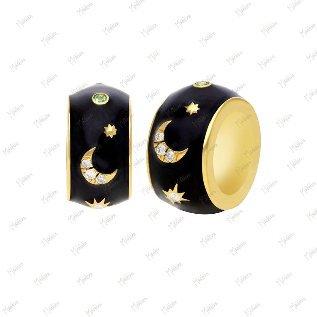 14K Yellow Gold Diamond & Emerald Black Enamel Roundel 5.20x9mm, Roundel Bead, Pandora Style ...