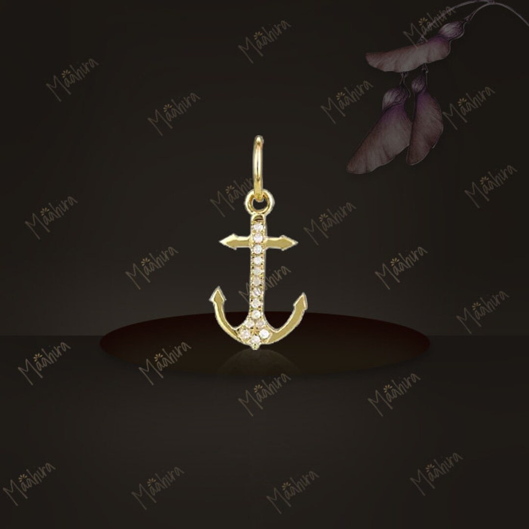 14k Yellow Gold Diamond Anchor Charm, Nautical Anchor Charm, Necklace ...