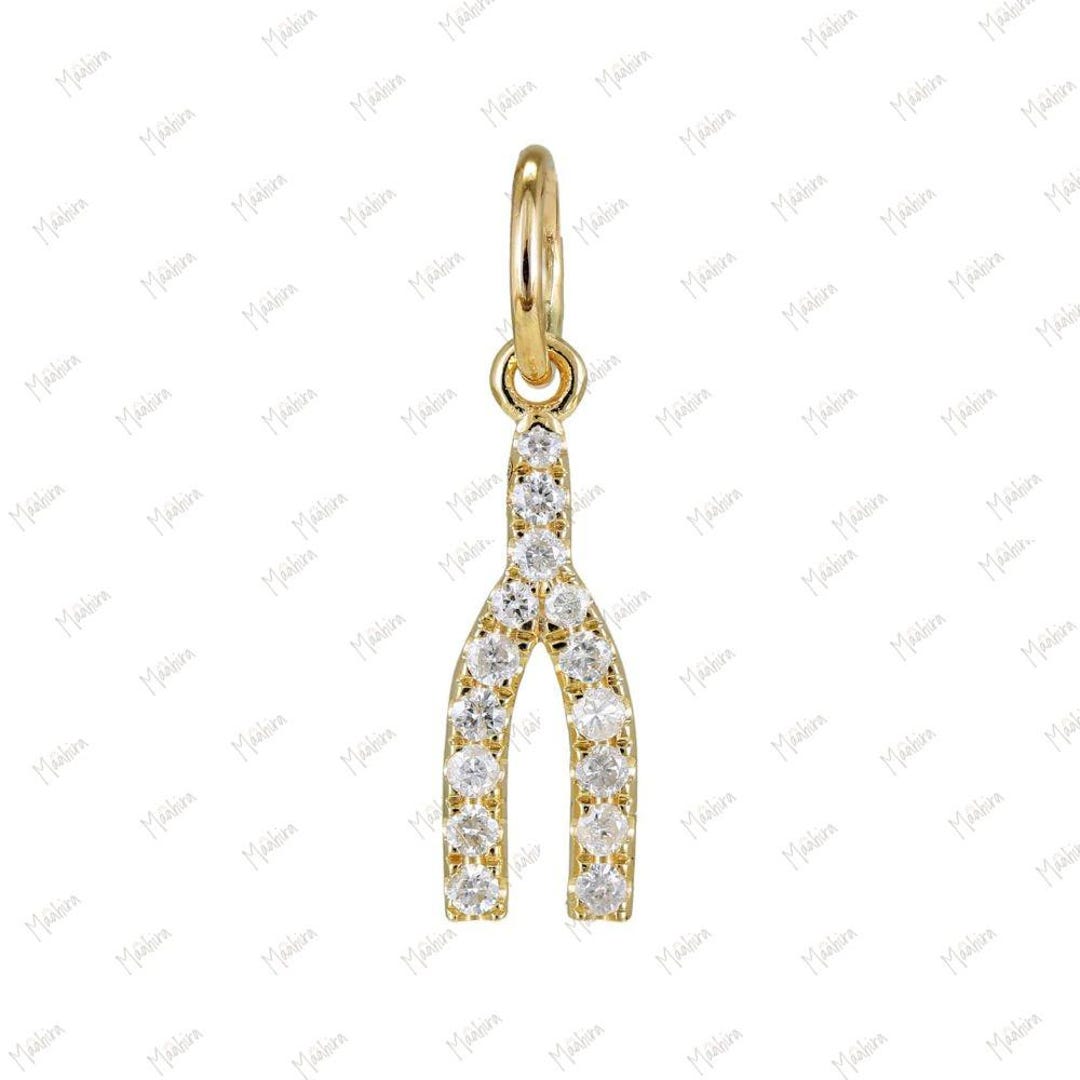 14k Yellow Gold Diamond Wishbone Charm 15mm, Wishbone Charm Pendant ...
